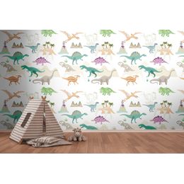 Livingwalls Fototapete LIVING WALLS "Dino Kinderzimerzimmertapete", bunt (bunt creme beige), B:1,59m H:0,01m L:2,8m, Vinyl, Vlies, Tapeten, Fototapete Tapeten Kinderzimmer Schlafzimmer modern Design Wandtapete