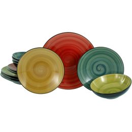 Teller-Set Creatable "Samoa, Teller Set 12-tlg", bunt, 12 Stk., Steinzeug, Geschirr-Sets, Handgemalter Spiraldekor