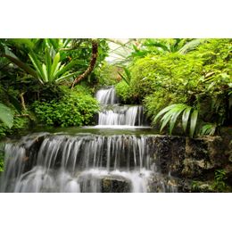 Fototapete papermoon "WASSERFALL-B&Auml;UME FLUSS SEE STEINE BLUMEN BERGE SONNE", bunt, B:2,5m L:1,86m, Vlies, Tapeten