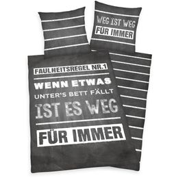 Herding's Young Collection Jugendbettw&auml;sche "Faulheit", grau (anthrazit), B/L: 135cm x 200cm, 1 Stk., 1 Stk., Renforc&eacute;, B/L: 80cm x 80cm, 2 Stk., Renforc&eacute;, Obermaterial: 100% Baumwolle, HERDING YOUNG COLLECTION, Bettw&auml;sche, Spr&uuml;che- und Streifendesign
