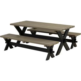 Garten-Essgruppe Plus "&raquo;Nostalgi&laquo; Plankengarnitur", schwarz (schwarz, graubraun), B:181cm H:72cm T:177cm, FSC-zertifizierter Holzwerkstoff, Sitzm&ouml;bel-Sets, bestehend aus: Tisch und 2 B&auml;nke
