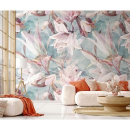 Fototapete marburg "Magnolia", blau (blau, rosa), B:2,65m L:3,4m, Vlies, Tapeten, moderne Tapete f&uuml;r Wohnzimmer Schlafzimmer K&uuml;che