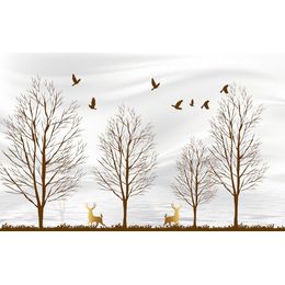 Fototapete papermoon "B&auml;ume mit Hirschen und V&ouml;geln", bunt, B:3,5m L:2,6m, Vlies, Tapeten