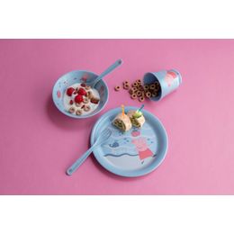 Kindergeschirr-Set Koziol "PEPPA PIG WAVES AT HOME", blau (powder blau), 4 Stk., Kunststoff, Geschirr-Sets, (Teller, Schale, Becher, Besteck-Set), melaminfrei