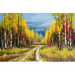 Fototapete papermoon "WALD-WEG-MALEREI HERBST LANDSCHAFT GEBIRGE BLUMEN NATUR", bunt, B:2,5m L:1,86m, Vlies, Tapeten