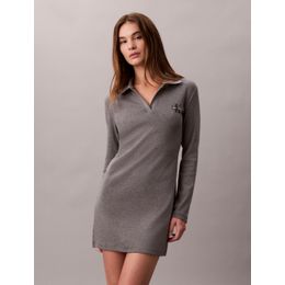 Minikleid Calvin Klein Jeans "LS MONOLOGO RIB POLO MINI DRESS", Damen, Gr. XXS (34), N-Gr, grau (medium grau heather), Rippware, Obermaterial: 95% Baumwolle, 5% Elasthan, unifarben, slim fit mini, V-Ausschnitt, eingesetzt abgesteppte Kante, Kleider Minikleid, Polokragen, V-Ausschnitt, figurbetont