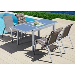 Garten-Essgruppe Merxx "Amalfi", grau (taupe), Obermaterial: 100% Polyester, Sitzm&ouml;bel-Sets, 4 Sessel, Tisch ausziehbar 90x120-180 cm, Alu/Textil