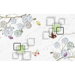 Fototapete papermoon "Muster mit Blumen und Schmetterlingen", bunt, B:2,5m L:1,86m, Vlies, Tapeten