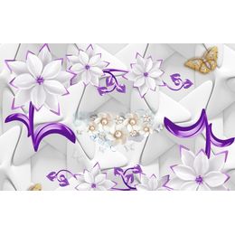 Fototapete papermoon "Muster Blumen lila gold", bunt, B:2,5m L:1,86m, Vlies, Tapeten