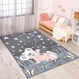 Kinderteppich Carpet City "ANIME916", grau, B:140cm H:11mm L:200cm, Polypropylen (PP), Teppiche, Kinderteppich, Kinderzimmer Teppich Modern mit Mond, Blumen, Wolken, Creme, Multi