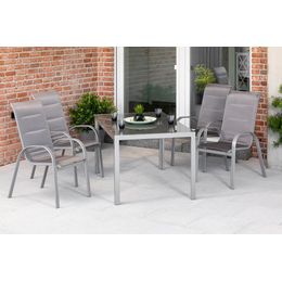 Garten-Essgruppe Merxx "Amalfi di lusso", braun (diamantbraun), B:56,5cm H:104cm T:77cm, Aluminium, Polyester, Sitzm&ouml;bel-Sets, 4 Stapelsessel mit Tisch