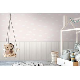 Livingwalls Fototapete LIVING WALLS "Wallpanel Tapete Wandpaneele Motivtapete Wolken Landhaus", rosa (creme,rosa,wei&szlig;), B:1,59m H:0,02m L:2,8m, Vlies, Tapeten, Vliestapete Kinderzimmer f&uuml;r Schlafzimmer Wohnzimmer Wandpaneele Flur