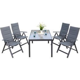 Garten-Essgruppe Merxx "Taviano", grau (anthrazit, anthrazit, grafit), Polyester, Aluminium, Polyester, Sicherheitsglas, Sitzm&ouml;bel-Sets, 4 Klappsessel, 5-fach verstellbar