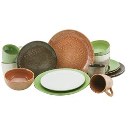 Kombiservice Creatable "Geschirr-Set Canvas", bunt (dunkelbraun, gr&uuml;n, beige, zimt), 16 Stk., Steinzeug, Geschirr-Sets, Kombiservice, Service, Leinenstruktur, mediterrane Farben, 16 Teile, f&uuml;r 4 Personen