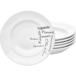 Pastateller Van Well "Teller Set, Italia, Teller 27 cm, 6 St&uuml;ck", wei&szlig;, grau, H:5,2cm &Oslash;:27cm, Porzellan, Speiseteller, Porzellan, Typografie-Design, sp&uuml;lmaschinen-/mikrowellengeeignet