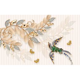 Fototapete papermoon "Muster mit Blumen und Vogel", bunt, B:2,5m L:1,86m, Vlies, Tapeten