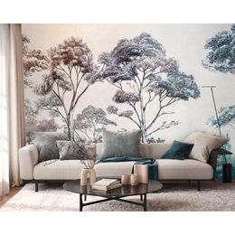 Livingwalls Fototapete LIVING WALLS "THE WALL III Tapete mit B&auml;umen Motivtapete Urwald Dschungeloptik", bunt (bunt,creme,blau), B:2,8m H:0,02m L:3,71m, Vlies, Tapeten, Vliestapete Zeichnung f&uuml;r Schlafzimmer K&uuml;che Wohnzimmer B&auml;ume Design
