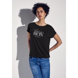 T-Shirt Street One, Damen, Gr. 34, schwarz, Stoff, 95% Viskose, 5% Elasthan, bedruckt, gerade normal, Rundhals, B&uuml;ndchen, Shirts T-Shirt, aus softem Materialmix