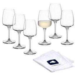 Wei&szlig;weinglas Leonardo "Rieslinggl&auml;ser CESTI + Poliertuch", transparent (transparent, wei&szlig;, blau), H:18cm &Oslash;:7,4cm, Kristallglas, Trinkgef&auml;&szlig;e, Wei&szlig;weinglas, 6 Riesling-Gl&auml;ser mit Poliertuch