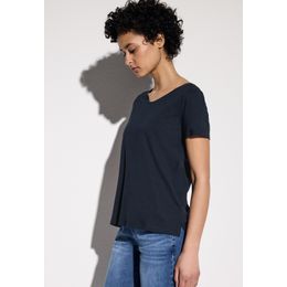 V-Shirt Street One, Damen, Gr. 34, blau (tiefblau), Web, 50% Baumwolle, 50% Modal, unifarben, gerade normal, V-Ausschnitt, B&uuml;ndchen, Shirts, mit abgerundetem V-Ausschnitt