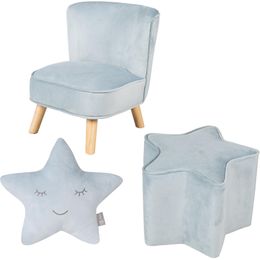 Kindersitzgruppe Roba "Lil Sofa", blau (hellblau, sky), Sitzm&ouml;bel-Sets, Kinder, Samt, bestehend aus Kindersessel, Kinderhocker und Dekokissen in Sternform