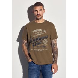 T-Shirt Street One MEN, Damen, Gr. L (42), braun (ash braun), Web, 100% Baumwolle, bedruckt, normal normal, Rundhals, abgesteppt, Shirts T-Shirt, aus reiner Baumwolle