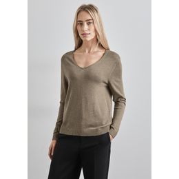 Strickpullover Street One, Damen, Gr. 34, beige (mocha glow meliert), Stoff, 60% Viskose, 40% Baumwolle, unifarben, normal normal, V-Ausschnitt, B&uuml;ndchen, Pullover Strickpullover, mit V-Ausschnitt