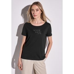 T-Shirt Street One, Damen, Gr. 34, schwarz, Web, 50% Baumwolle, 50% Modal, bedruckt, gerade normal, Rundhals, B&uuml;ndchen, Shirts T-Shirt, mit Rundhalsausschnitt