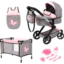 Kombi-Puppenwagen BAYER "Xeo Mega, grau/rosa", grau (grau, rosa), Puppenwagen, KinderB:37cm H:73cm T:68cm, Kunststoff, Metall, Stoff, B:37cm H:73cm T:68cm
