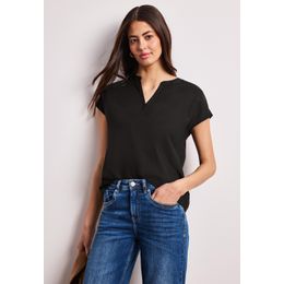 Kurzarmbluse Street One, Damen, Gr. 34, schwarz, Stoff, 100% Viskose, unifarben, normal normal, Rundhals, abgesteppt, Blusen, mit geschlitztem Rundhalsausschnitt