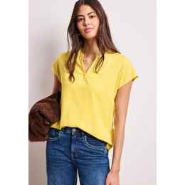 Kurzarmbluse Street One, Damen, Gr. 36, bloom gelb, Stoff, 100% Viskose, unifarben, normal normal, Rundhals, abgesteppt, Blusen, mit geschlitztem Rundhalsausschnitt