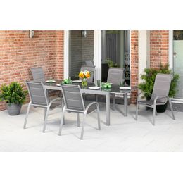 Garten-Essgruppe Merxx "Amalfi di lusso", braun (diamantbraun), B:56,5cm H:104cm T:77cm, Aluminium, Polyester, Sitzm&ouml;bel-Sets, 6 Stapelsessel, Hochlehner mit ausziehbarem Tisch