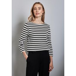 3/4-Arm-Shirt Street One, Damen, Gr. 34, schwarz, Web, 100% Baumwolle, gestreift, normal normal, U-Boot-Ausschnitt, abgesteppt, Shirts 3/4-Arm-Shirt, aus reiner Baumwolle