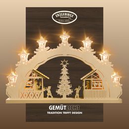 LED Schwibbogen Weigla "Weihnachtsmarkt, Lichterbogen aus Holz, NATUR, Made in Germany", beige (natur), B:52cm H:32cm T:4,5cm, Holzwerkstoff, Schwibb&ouml;gen, Erzgebirge garantiert, Weihnachtsdeko Innen, Weihnachtsbeleuchtung