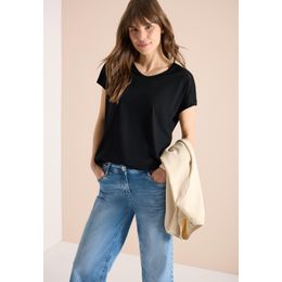 T-Shirt Cecil, Damen, Gr. M (40), schwarz, Web, 50% Modal, 50% Baumwolle, unifarben, normal normal, V-Ausschnitt, abgesteppt, Shirts T-Shirt, mit Spitze an den &Auml;rmeln