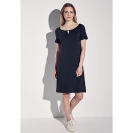Jerseykleid Street One, Damen, Gr. 42, EURO-Gr&ouml;&szlig;en, blau (tiefblau), Jersey, 95% Viskose, 5% Elasthan, unifarben, gerade knielang, Rundhals, B&uuml;ndchen, Kleider Jerseykleid, knielang