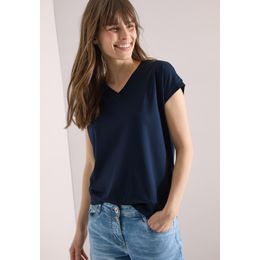 V-Shirt Cecil, Damen, Gr. L (42), universal blau, Web, 50% Baumwolle, 50% Modal, unifarben, comfort fit normal, V-Ausschnitt, B&uuml;ndchen, Shirts, Jersey