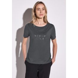 T-Shirt Street One, Damen, Gr. 34, grau (obscure grau), Web, 50% Baumwolle, 50% Modal, bedruckt, comfort fit normal, Rundhals, B&uuml;ndchen, Shirts T-Shirt, mit Rundhalsausschnitt