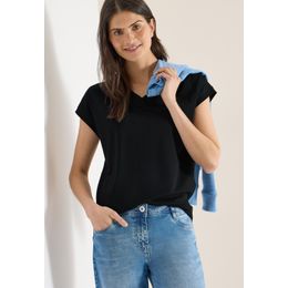 V-Shirt Cecil, Damen, Gr. L (42), schwarz, Web, 50% Baumwolle, 50% Modal, unifarben, comfort fit normal, V-Ausschnitt, B&uuml;ndchen, Shirts, Jersey