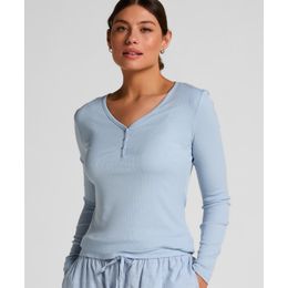 Hunkem&ouml;ller Pyjama HUNKEM&Ouml;LLER "Henley-Pyjamatop mit langen &Auml;rmeln", Damen, Gr. L, blau, 92% Modal, 8% Elasthan, Homewear-Sets Pyjama