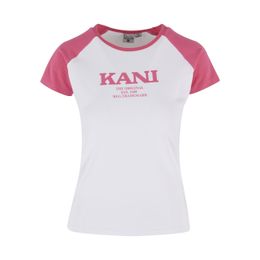 T-Shirt Karl Kani "Karl Kani Damen KW242-005-3 Retro Tiny Tee", Damen, Gr. S, wei&szlig;, pink, 95% Baumwolle, 5% Elasthan, bedruckt, slim fit, Rundhals, Shirts T-Shirt