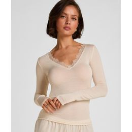 Hunkem&ouml;ller Pyjama HUNKEM&Ouml;LLER "super soft Lace V-Neck shirt with Cashmere", Damen, Gr. M, beige, 85% Modal, 10% Kaschmirwolle, 5% Elasthan, Homewear-Sets Pyjama