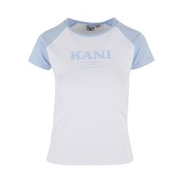 T-Shirt Karl Kani "Karl Kani Damen KW242-005-2 Retro Tiny Tee", Damen, Gr. S, wei&szlig;, light blau, 95% Baumwolle, 5% Elasthan, bedruckt, skinny fit, Rundhals, Shirts T-Shirt