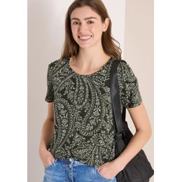 T-Shirt Cecil, Damen, Gr. L (42), khaki, Web, 50% Baumwolle, 50% Modal, gemustert, comfort fit normal, Rundhals, abgesteppt, Shirts T-Shirt, Rundhalsausschnitt