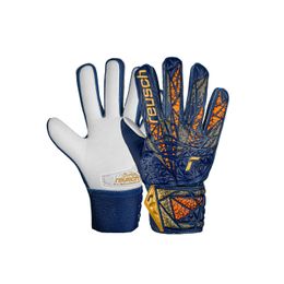 Torwarthandschuhe Reusch "Attrakt Starter Grip", Damen, Gr. 10, bunt (goldfarben, blau), 34% Polyester, 25% Elastodien, 5% Polyurethan, 1% Baumwolle, mehrfarbig, Handschuhe, mit Negative Cut
