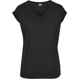 Kurzarmshirt Urban Classics "Urban Classics Damen Ladies Round V-Neck Extended Shoulder Tee", Damen, Gr. M, schwarz, 95% Baumwolle, 5% Elasthan, unifarben, normal, V-Ausschnitt, Shirts