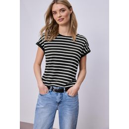 T-Shirt Street One, Damen, Gr. 34, schwarz, Web, 50% Modal, 50% Baumwolle, gestreift, normal normal, Rundhals, abgesteppt, Shirts T-Shirt, Jersey