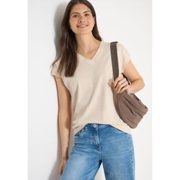 V-Shirt Cecil, Damen, Gr. XL (44), pearl beige, Web, 50% Baumwolle, 50% Modal, unifarben, comfort fit normal, V-Ausschnitt, B&uuml;ndchen, Shirts, Jersey