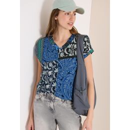 T-Shirt Cecil, Damen, Gr. L (42), universal blau, Web, 50% Baumwolle, 50% Modal, gemustert, comfort fit normal, V-Ausschnitt, abgesteppt, Shirts T-Shirt, mit V-Ausschnitt