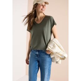 T-Shirt Cecil, Damen, Gr. L (42), khaki, Web, 50% Modal, 50% Baumwolle, unifarben, normal normal, V-Ausschnitt, abgesteppt, Shirts T-Shirt, mit Spitze an den &Auml;rmeln